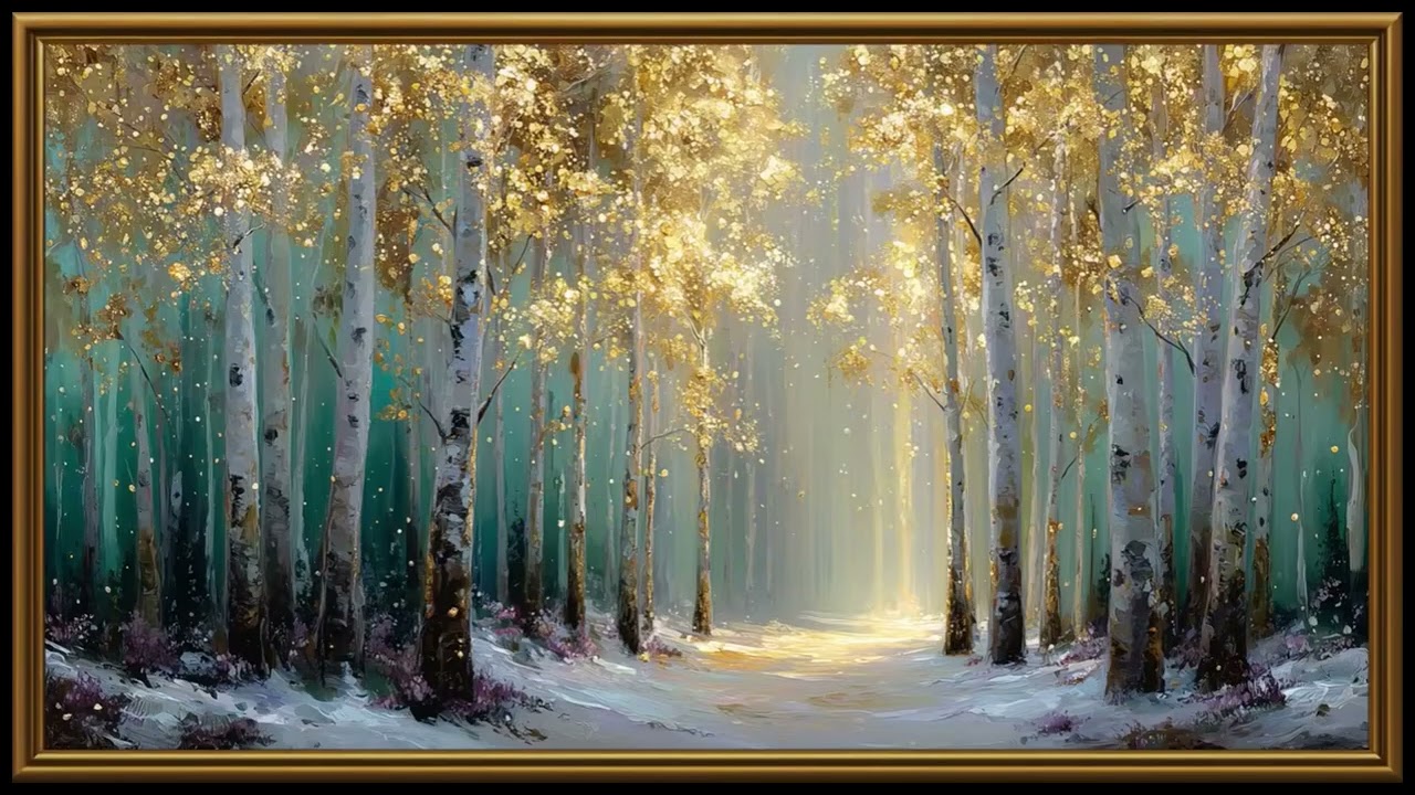 Golden Winter Forest Glow   Magical Birch Trees  | 4K Frame TV Art | Vintage Painting Screensaver