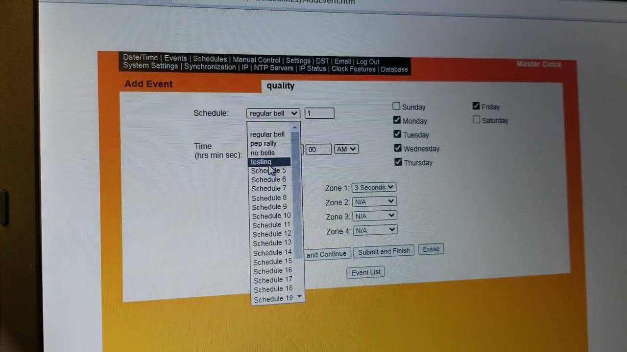 event programming Sapling Network Master clock (Telecor 2400 IP)