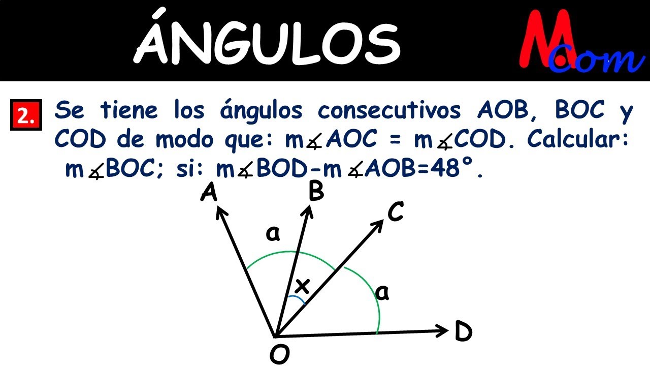 Angles We have the consecutive angles AOB, BOC and COD such that: m AOC=m COD. Calculate: m BOC