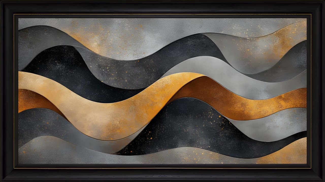 4K Metallic Abstract Waves in Gold, Silver & Black: Framed TV Art Screensaver