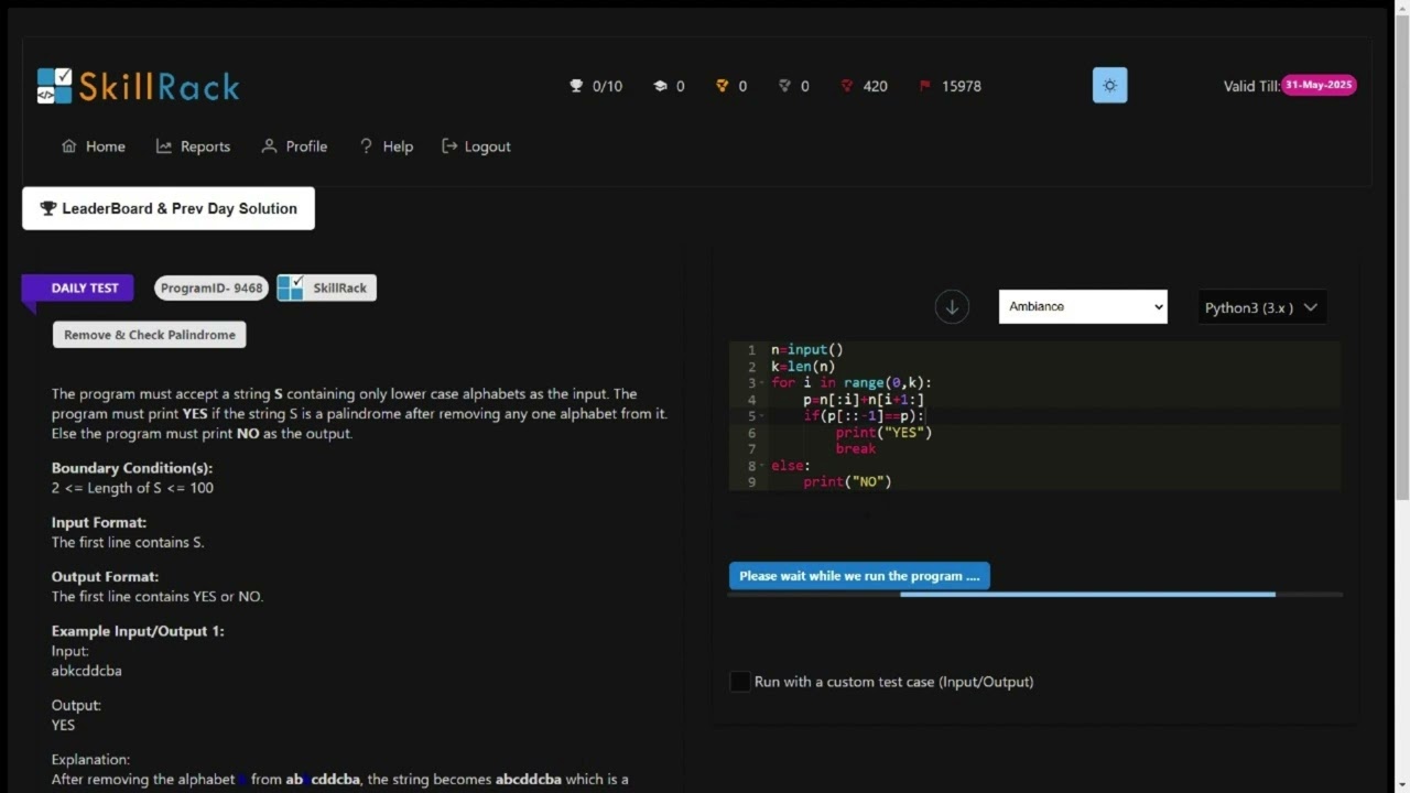 SKILLRACK | DAILY TEST | 09/09/2023 | REMOVE & CHECK PALINDROME | PROGRAM ID 9468 | PYTHON || #dt#❤️