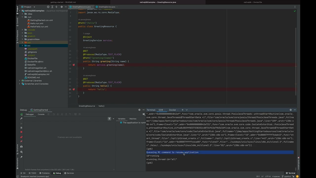 Debugging natively compiled Quarkus GettingStarted code with NativeJDB