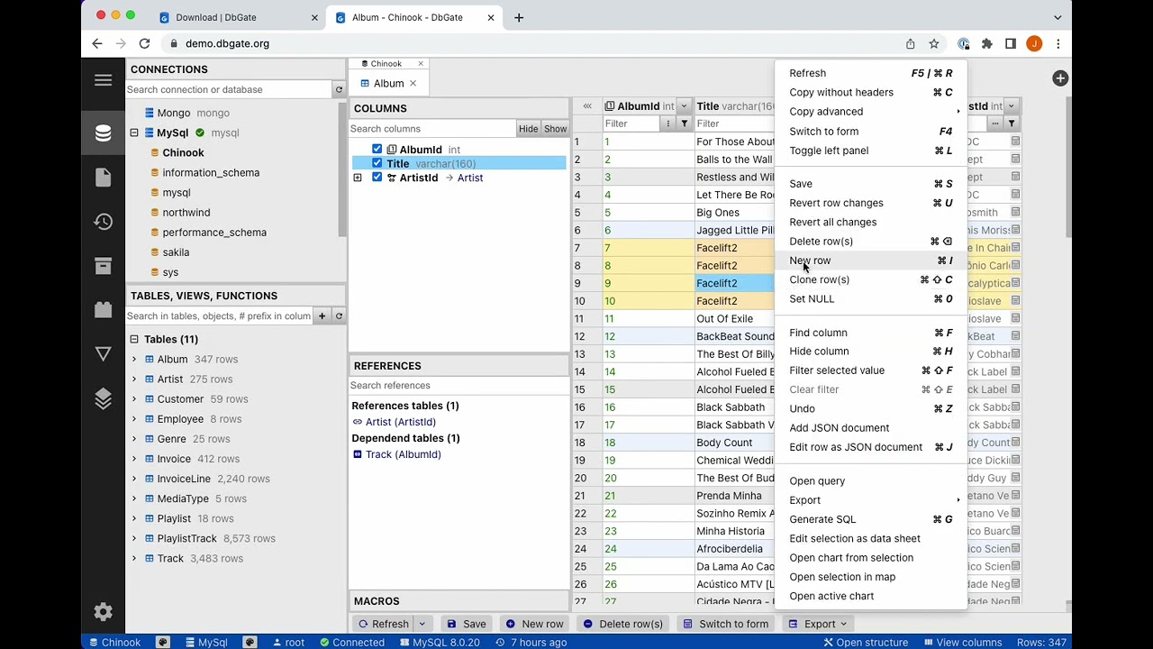 DbGate tables vs perspectives