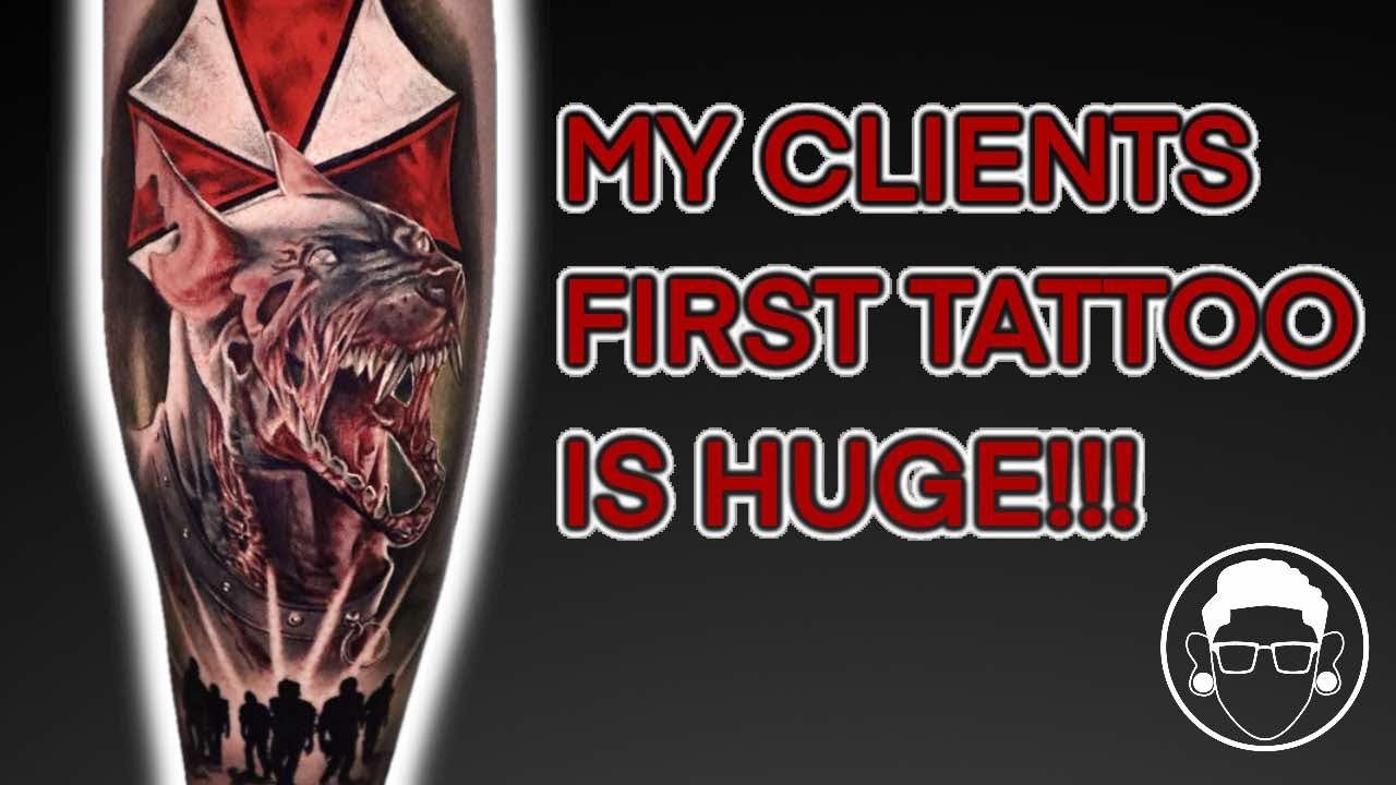 🎮 FIRST TATTOO... and It's a GIANT Resident Evil ZOMBIE DOG! | Full Color Tattoo Tutorial 🎨