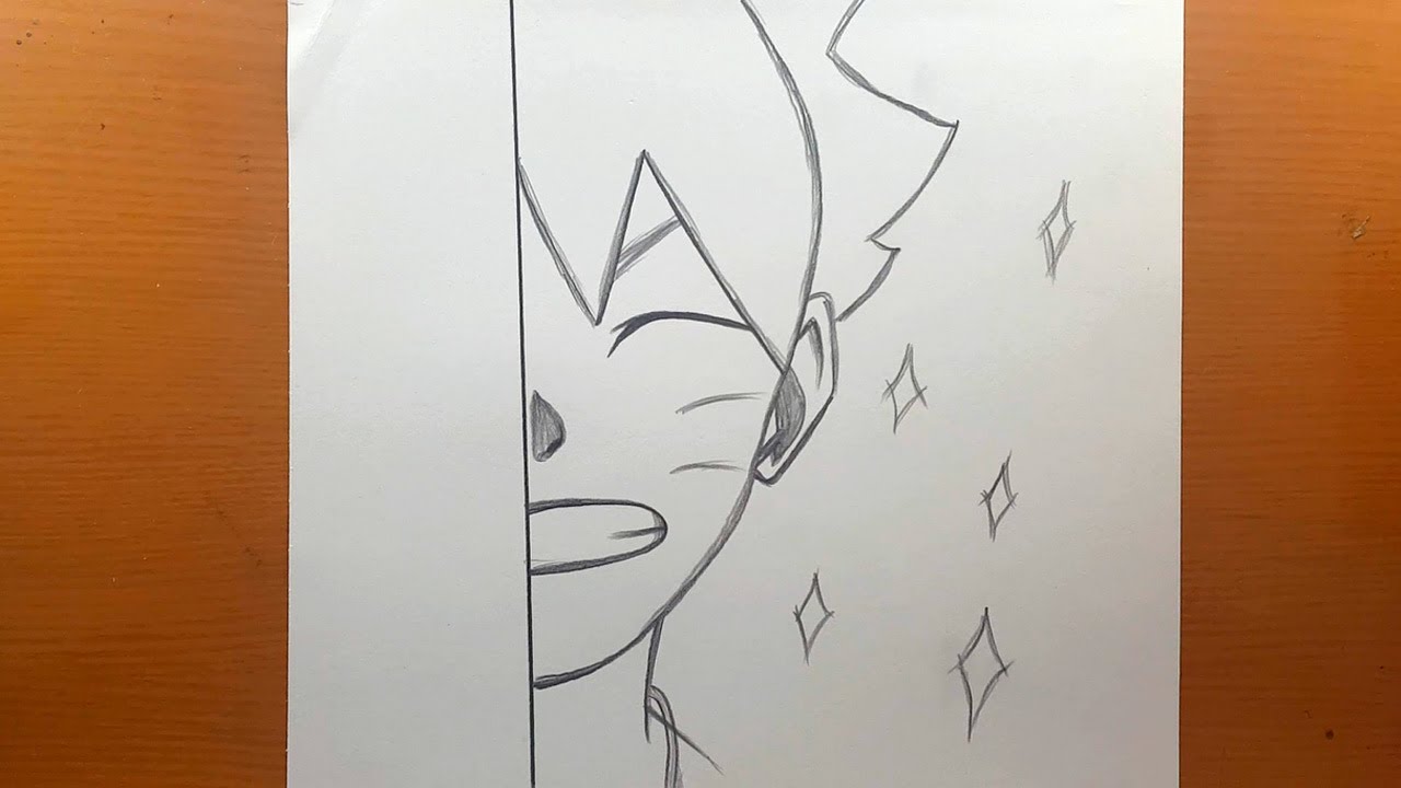 Esboço de anime fácil com lápis de carvão | como desenhar boruto metade do rosto fácil passo a passo