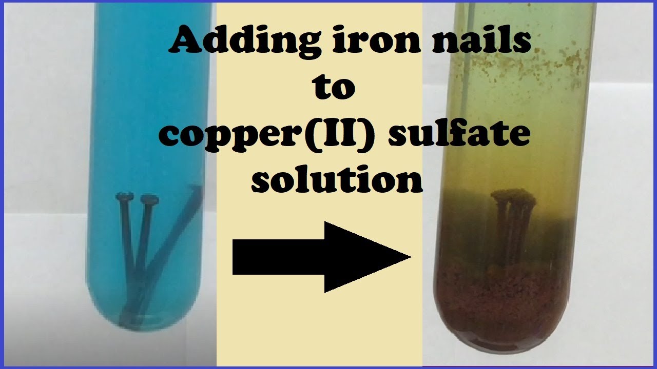 Iron metal + Copper(II) sulfate solution reaction Time-lapse 100x