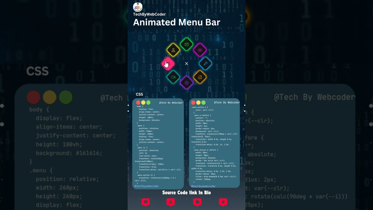 Animated Menu Bar Using Html,Css And Javascript|| Source Code Link In Description ||#techbywebcoder
