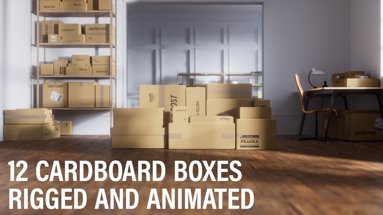 Rigged and animated 3d cardboard boxes pack