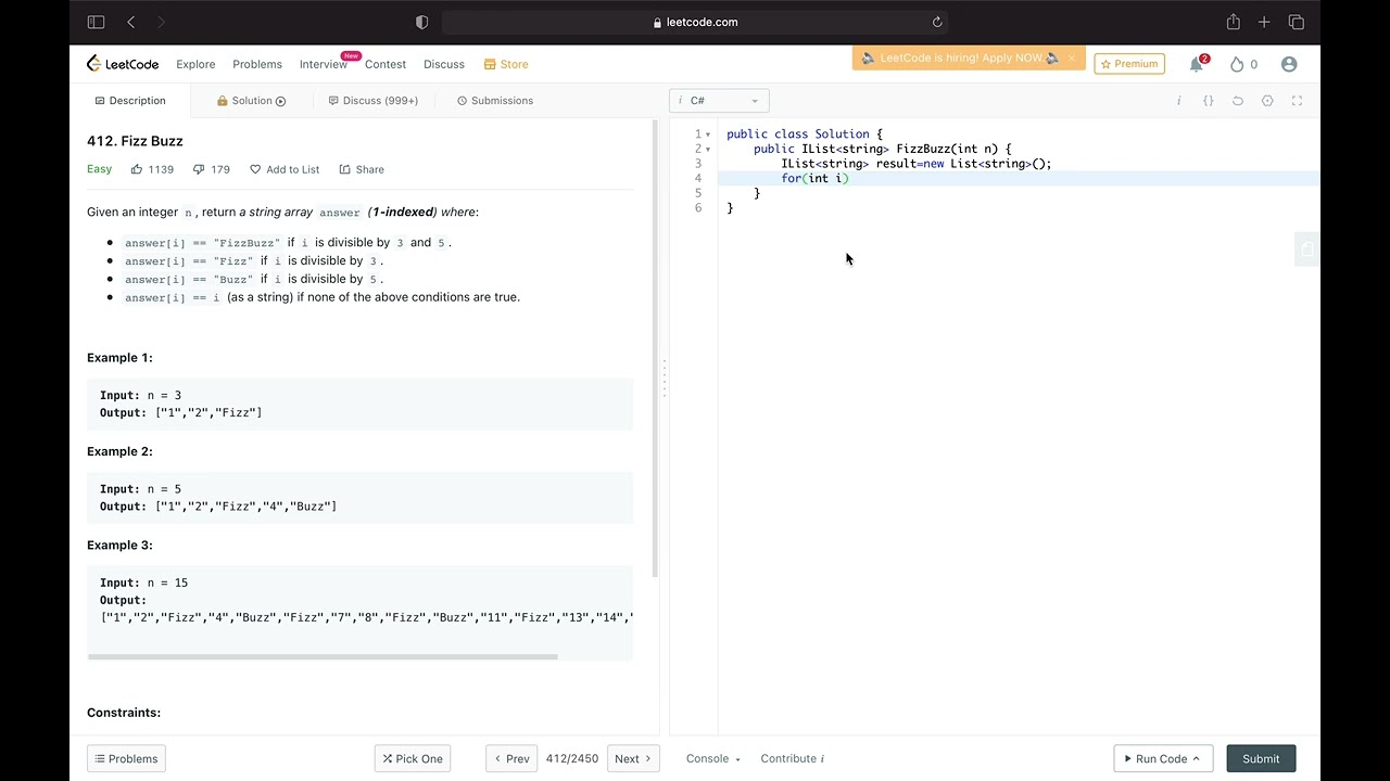 Fizz Buzz #leetcode #csharp #easy