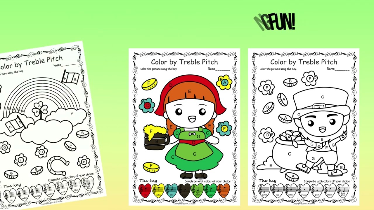 St. Patrick`s Day Music Coloring Pages | Color by Treble Clef Note Names