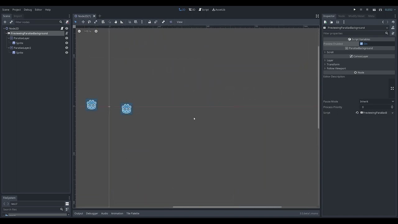 Screencast of Previewing Parallax Background for Godot engine part 1