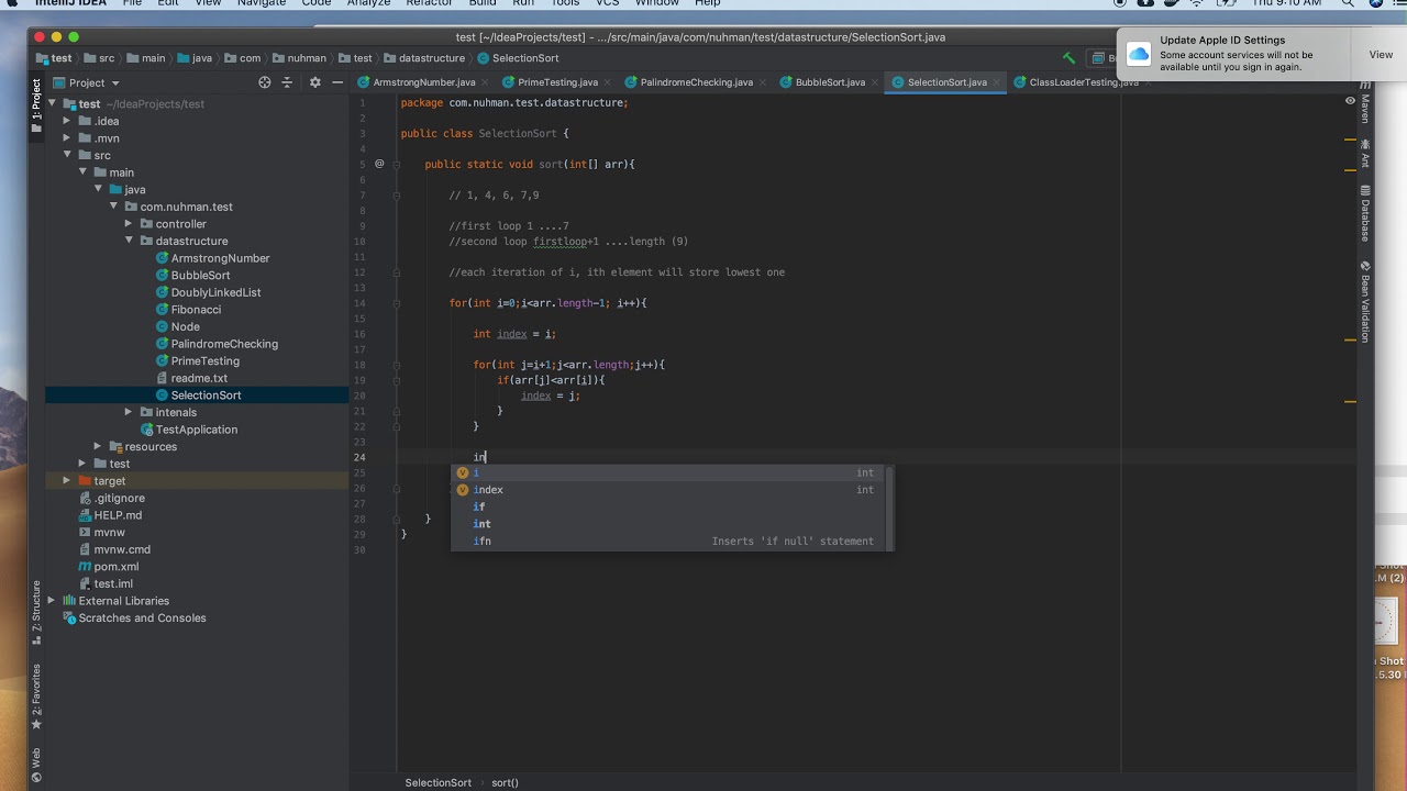 Selection Sort Java Example integer array Program