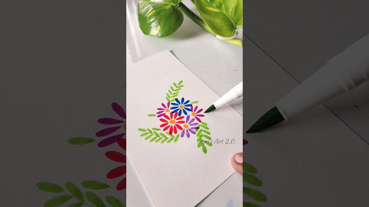 Easy flower and leaves drawing using brush pen ❇️🌸 #creative #satisfying #art #easy #drawing #diy