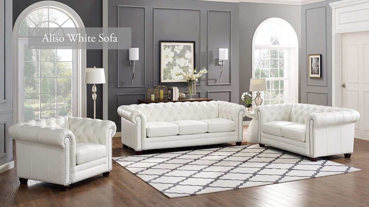 Hydeline Furniture Aliso Top Grain Leather Chesterfield Sofa in White