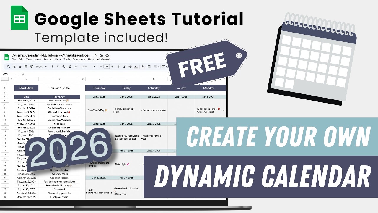 Dynamic Calendar Google Sheets Tutorial + FREE Template
