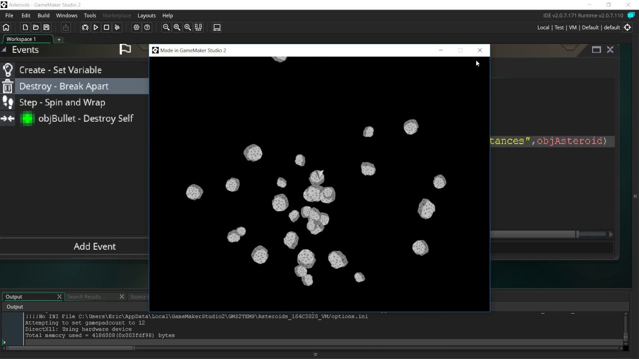 GMS2 Tutorial Asteroids Part 07 Destroy Asteroids