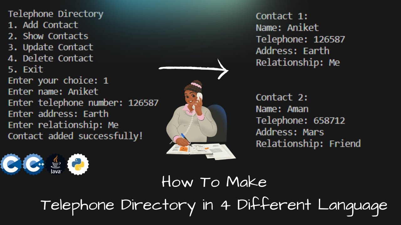 Telephone directory in 4 different languages || c , cpp , java and python || projects