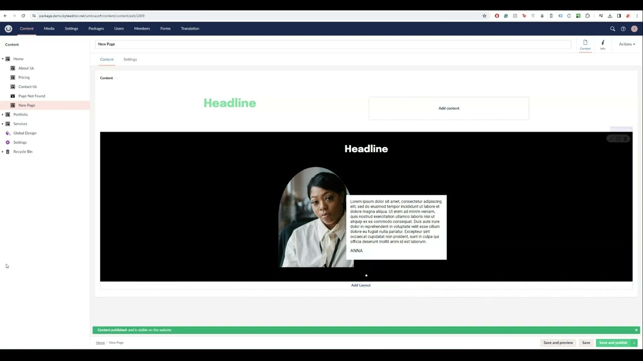 Create your first page with ByteEditor Site Builder for Umbraco CMS