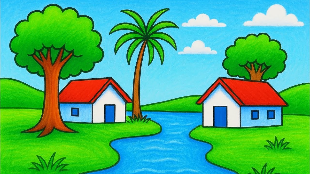 Easy Village Scenery Drawing | Beautiful Nature Drawing with Oil Pastel Colors