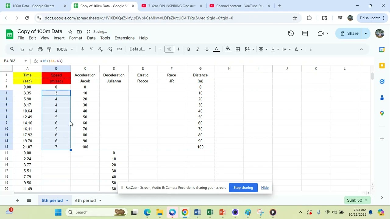Calculating speed from distance vs. time data using google sheets