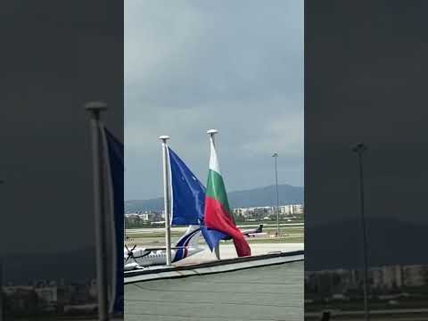 Bulgarian flag waving with EU at Sofia International Airport