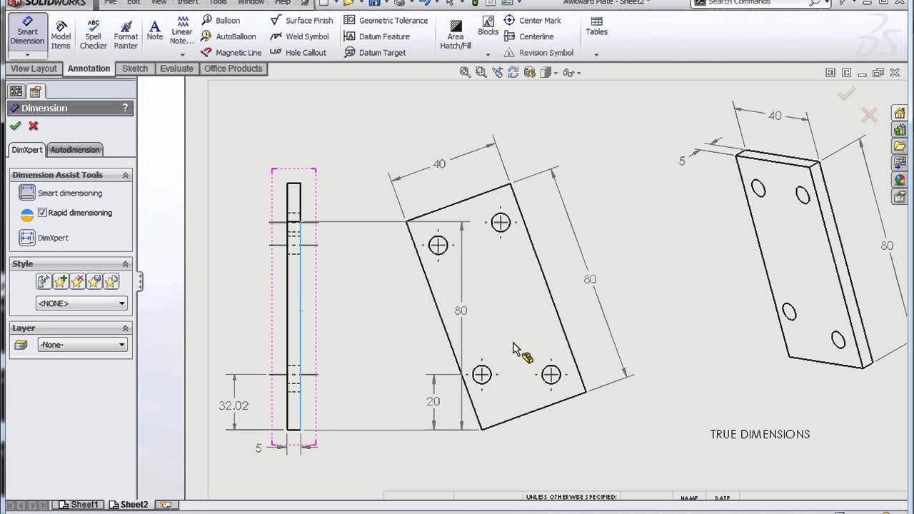 SolidWorks: True vs Projected Dimensions