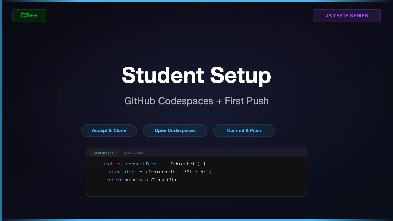 Student Setup: GitHub Codespaces + First Push | CS++ JS Tests