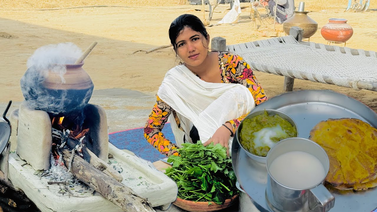 Cooking Sarson Ka Saag And Makke Ki Roti In Mud Chulha In Village