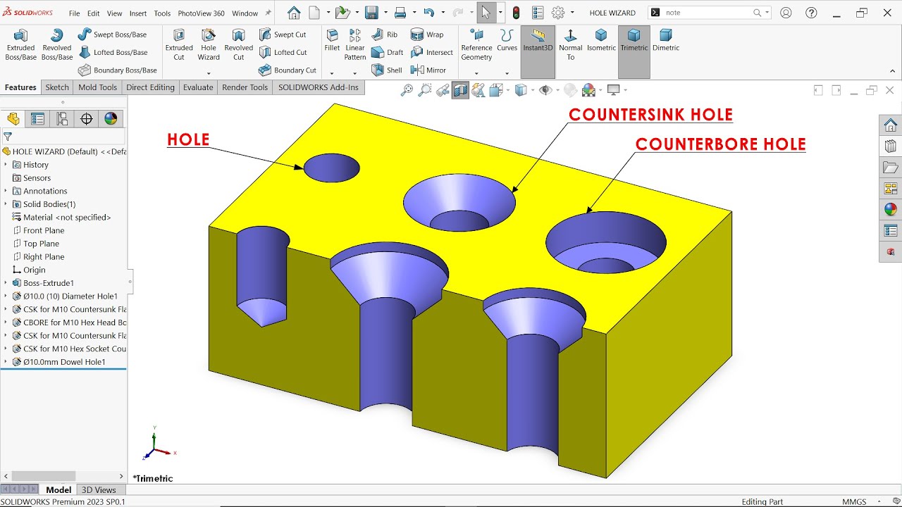 Create a Hole Using Hole Wizard in Solidworks, Simple Hole, Countersink Hole and Counterbore Hole