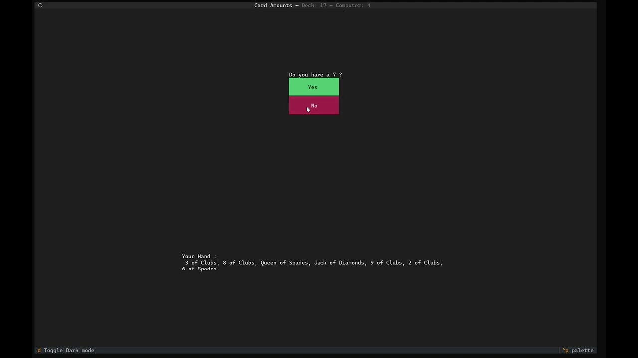 Go Fish Game, Made using Python and Textual Window