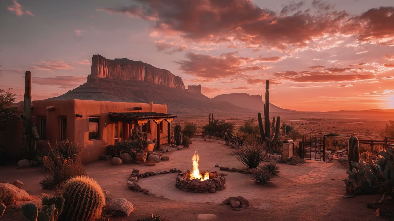Adobe Desert House Sunset Ambience | Fire Pit, Mesa Mountains & Arizona Nature Sounds