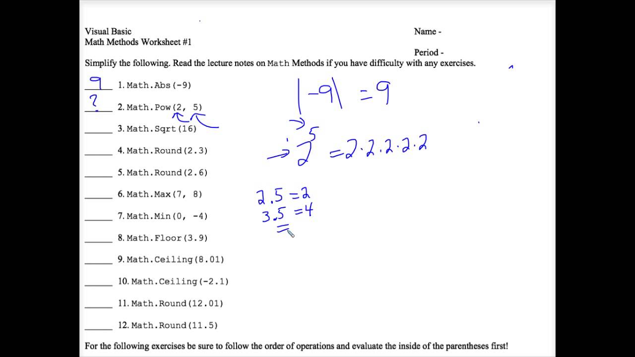 VB Math Methods Worksheet #1