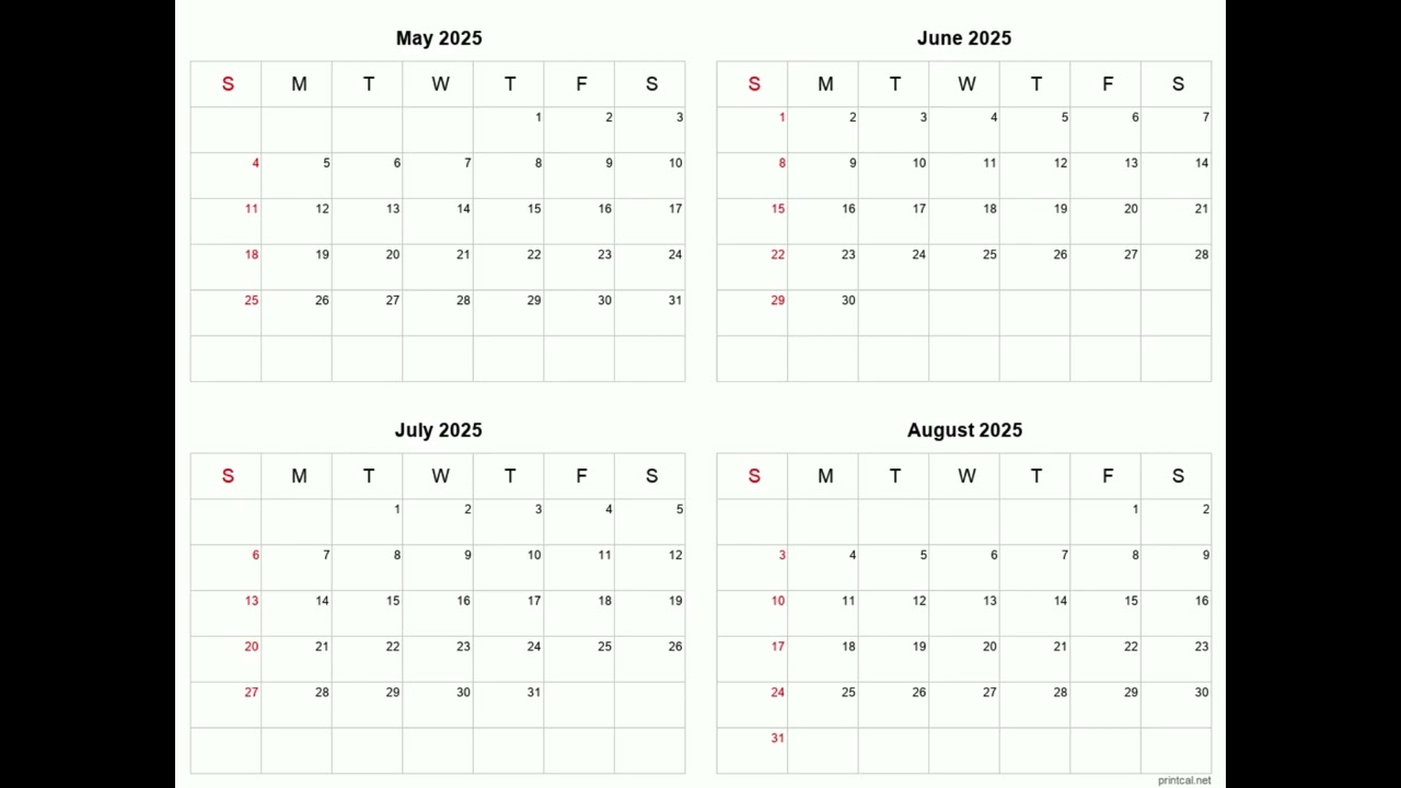 📅 May–August 2025 Calendar ✨ | Plan Your Summer Right!
