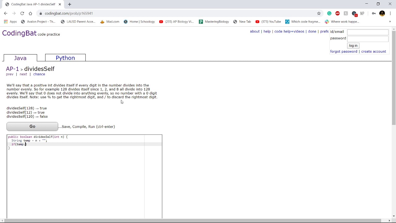 AP-1 (dividesSelf) Java Tutorial || Codingbat.com