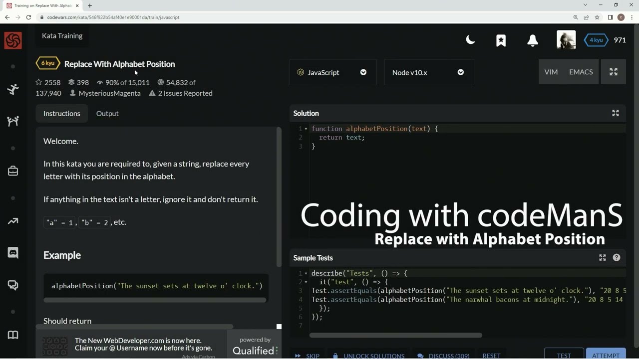 Codewars 6 kyu Replace with Alphabet Position Javascript