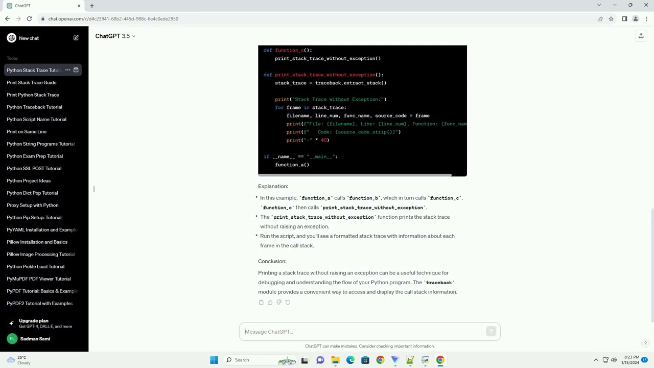 python print stack trace without exception
