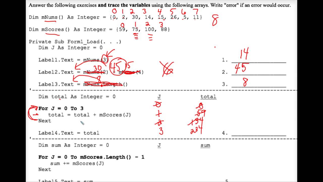 VB Tracing Arrays Worksheet 1