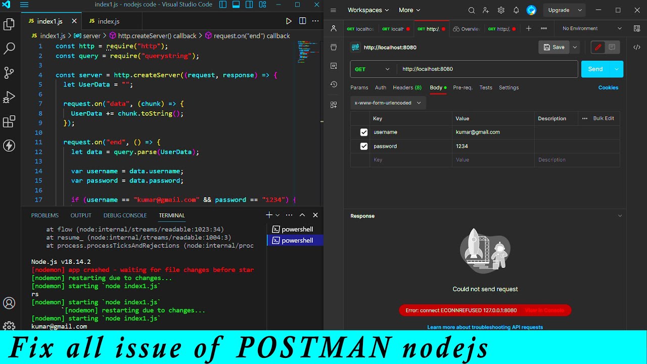 Postman Node js API request Testing/Fixing/installing