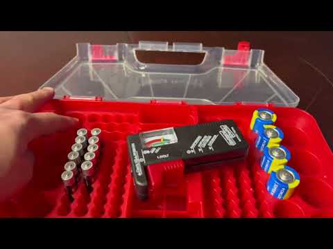 Battery Organizer Storage Case with Tester, Holds 180 Batteries, Clear Hinged Cover, Locking Lid