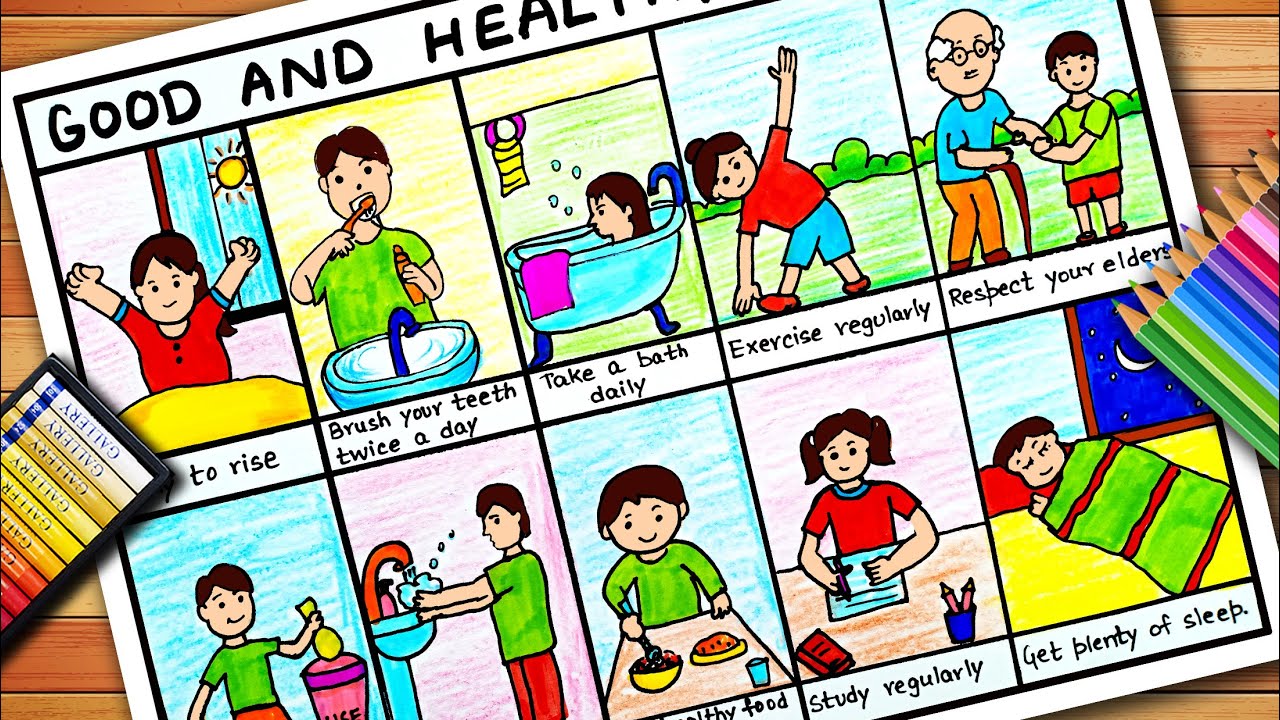 Good and Healthy Habits Drawing | Healthy Habits Poster | Health and Hygiene Chart | Good Habit