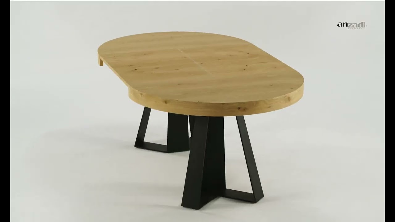 Mesa de comedor redonda extensible con 2 pies ALBERTA con tapa en chapa de roble anudado ANZADI
