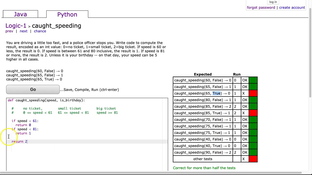 Codingbat - caught_speeding (Python)