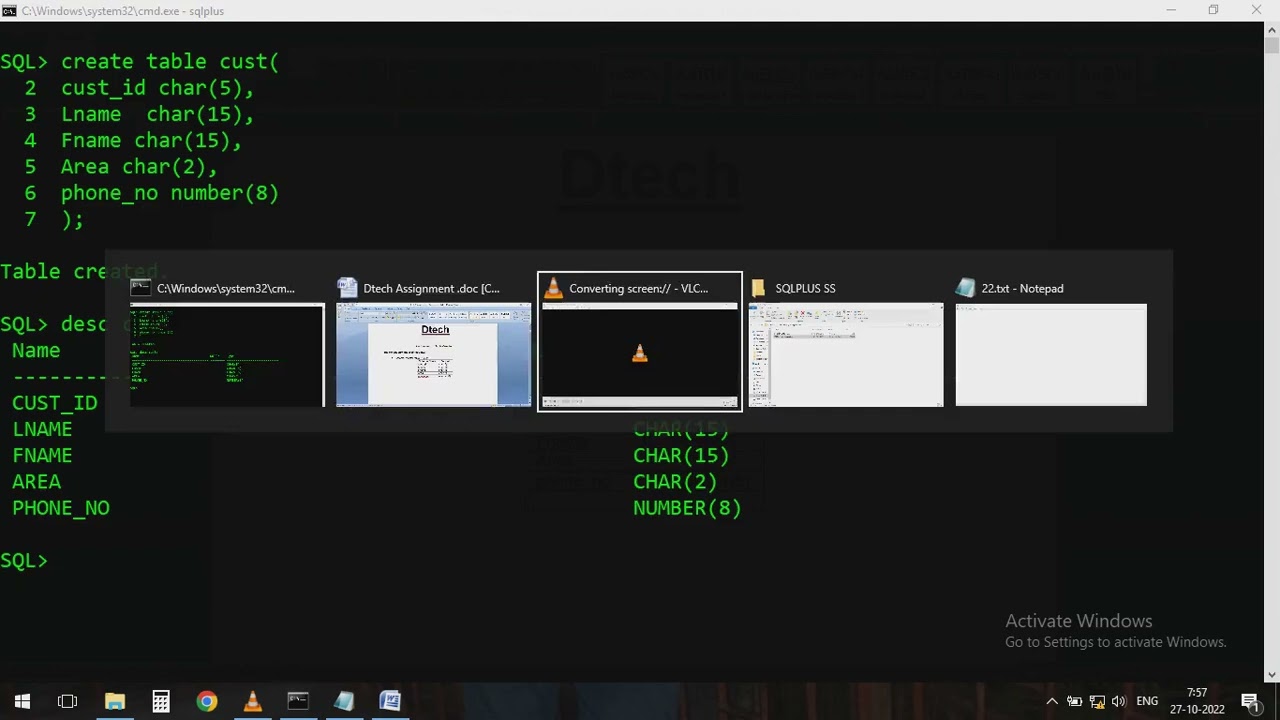 Create simple customer table using sqlplus Assignment-1 table Creation#table,#oracle