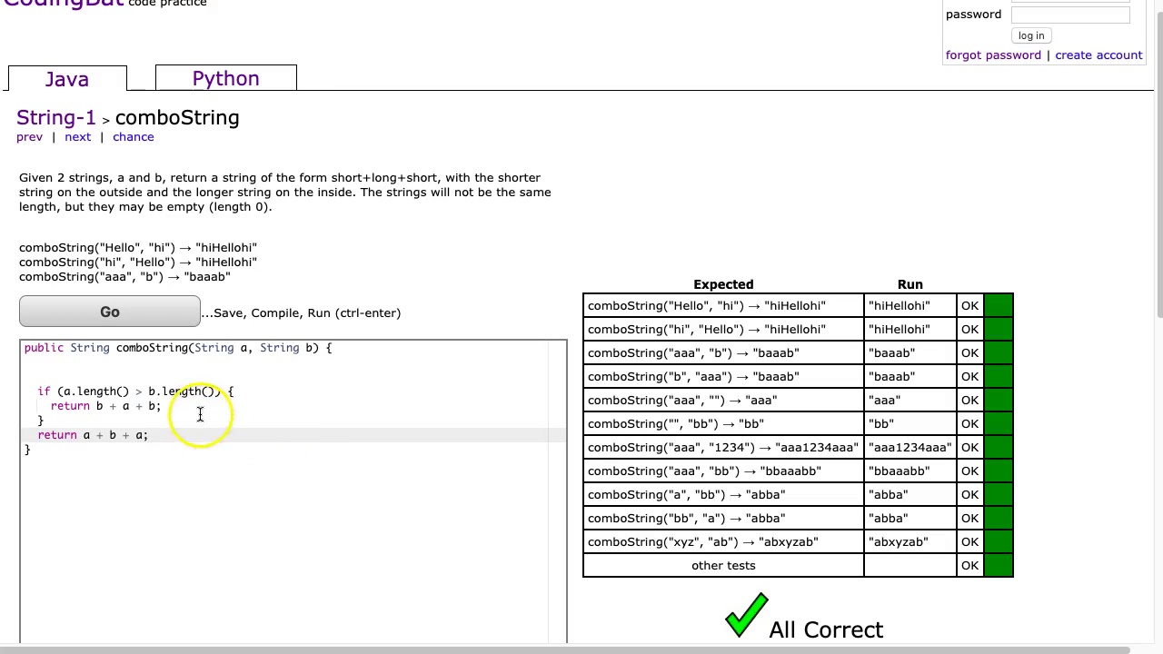 Codingbat - comboString (Java)
