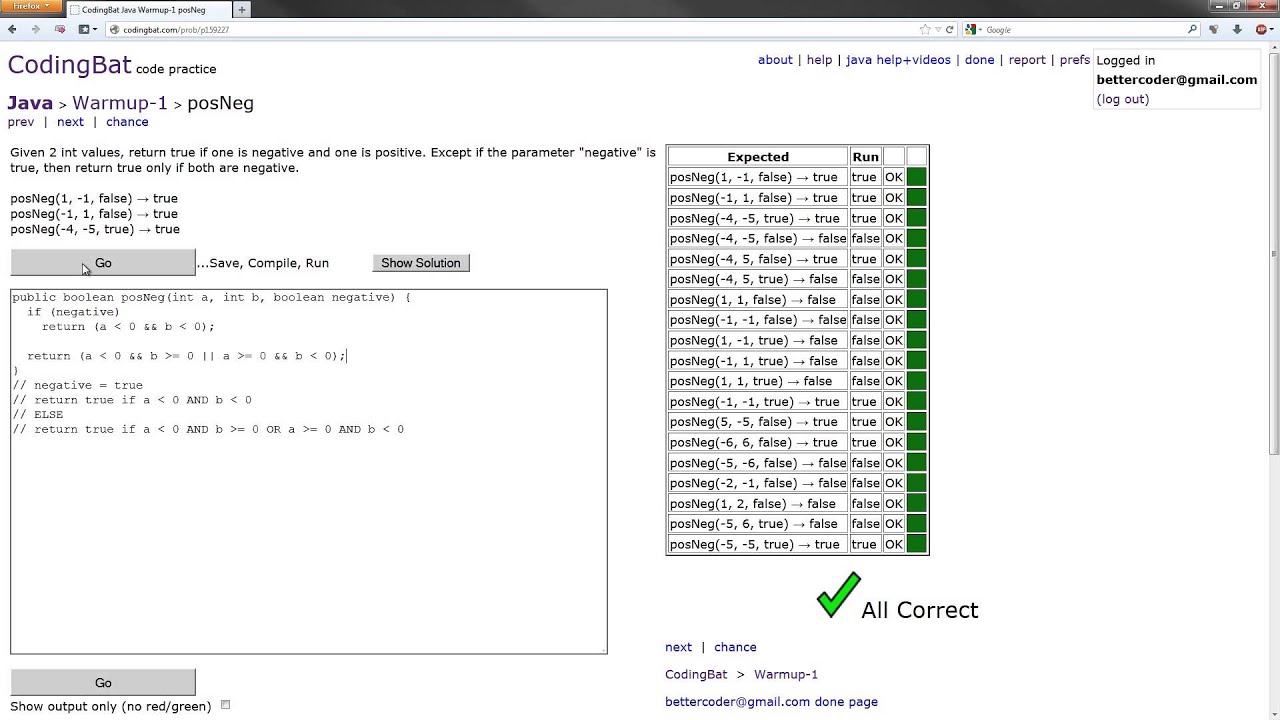CodingBat - Java Warmup-1 Solution - posNeg