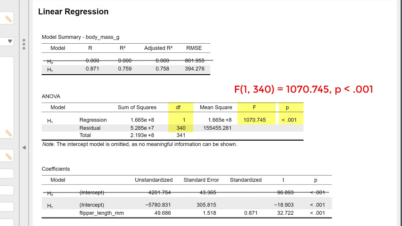 JASP Simple Linear Regression (Penguins)