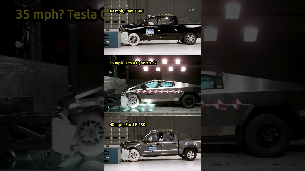 Crash test Tesla Cybertruck, Ram 1500, Ford F-150 comparison