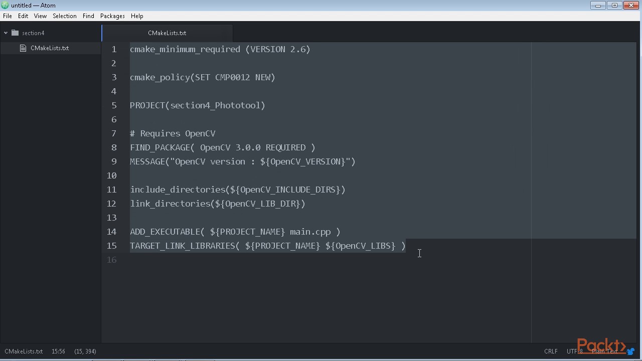 OpenCV 3 by Example : Generating a CMakeScript File | packtpub.com