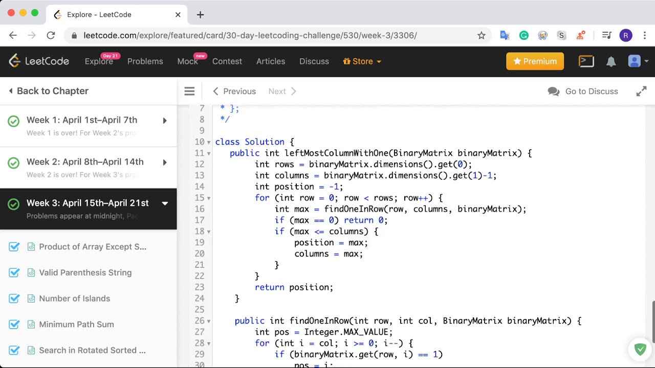 Leftmost Column with at Least a One | LeetCode 30 day Challenge | Day 21 | JAVA
