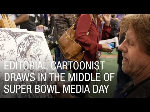 Editorial Cartoonist Draws in the Middle of Super Bowl Media Day